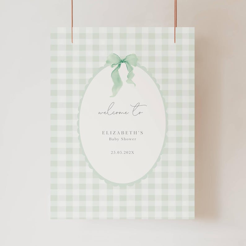 Green Plaid Welcome Sign Baby Shower, Classic Sage Green Gingham Boy ...