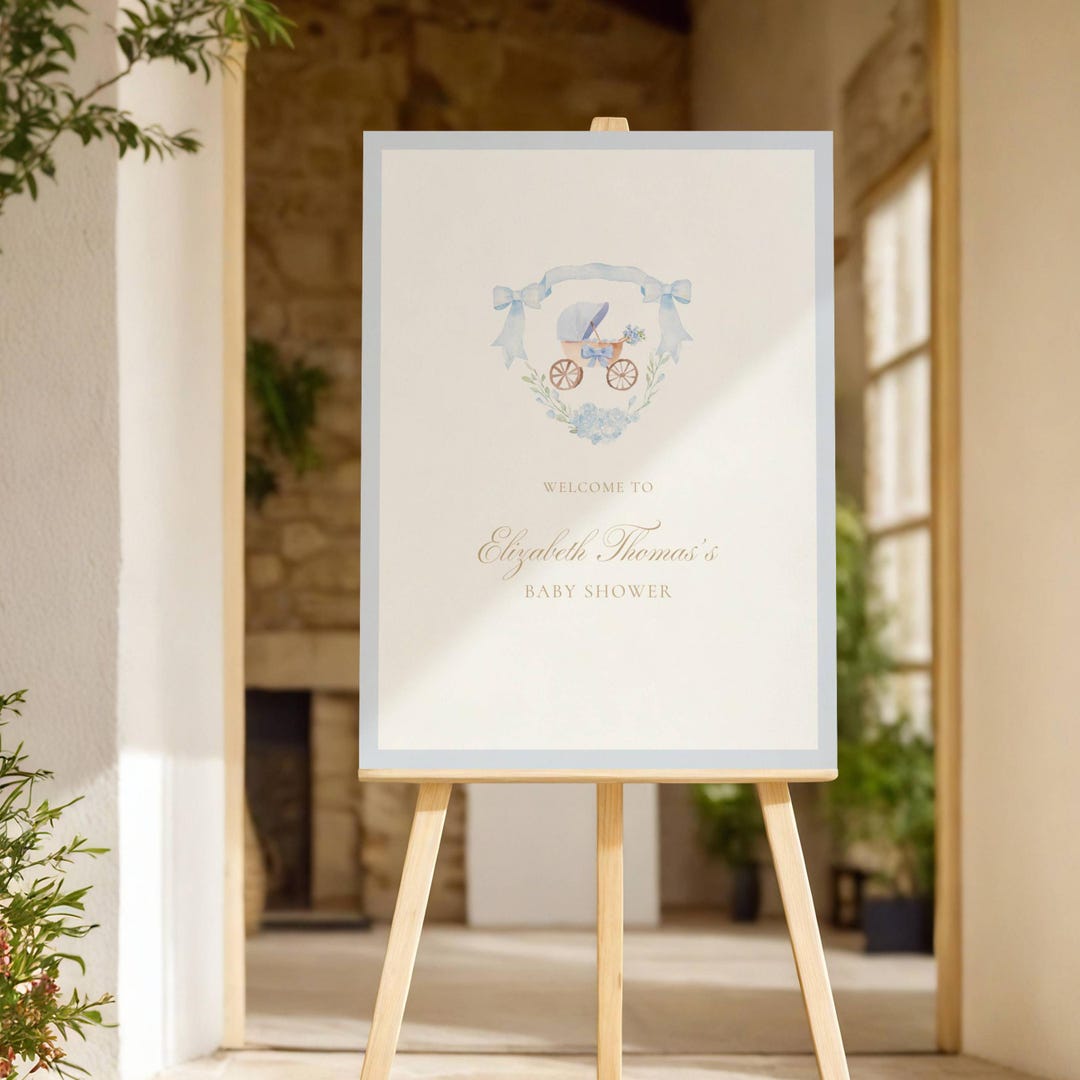 Blue Carriage Crest Baby Shower Welcome Sign: Blue Stroller (editable ...