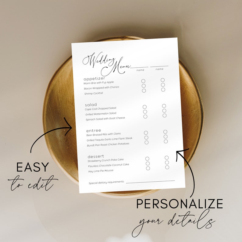 Meal Options Wedding Invitations Instant Download Menu Choice Card Meal ...