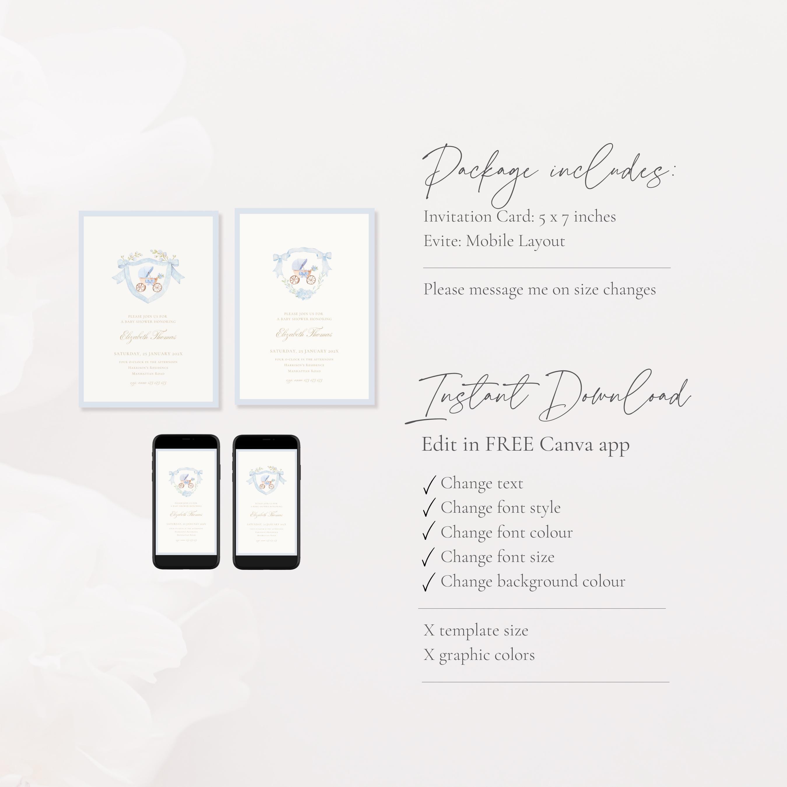 Blue Carriage Crest Baby Shower Invitation: Blue Stroller (editable ...