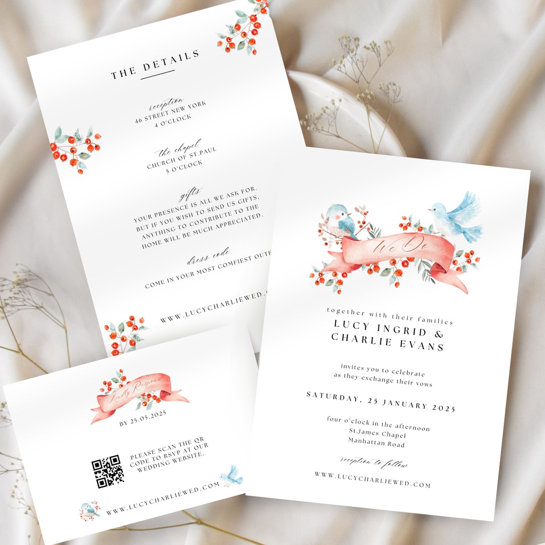 Winter Wedding Invitaiton Template With QR Code, Christmas Theme ...