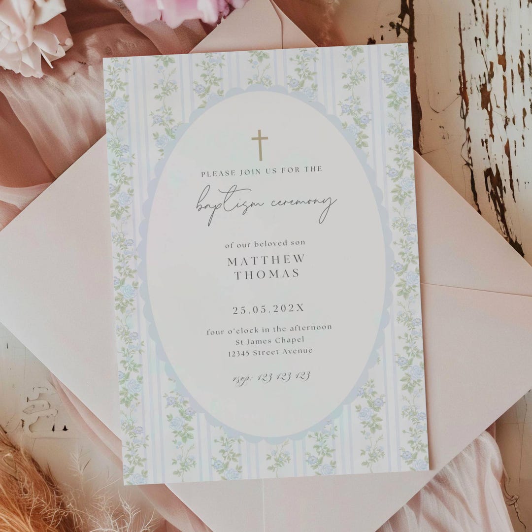 Grandmillennial Baptism Invitation, Blue Green Floral Baptism Invite, Classic Grandmillenial ...