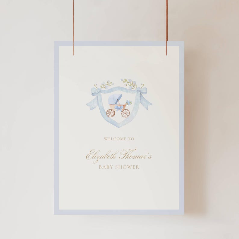 Blue Carriage Crest Baby Shower Welcome Sign: Blue Stroller (editable ...