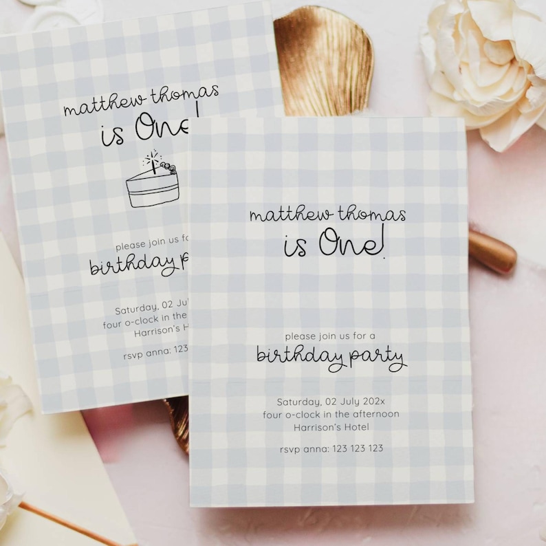 Blue Gingham Birthday Invitation, Boy, Minimalist, Cake, Candle ...