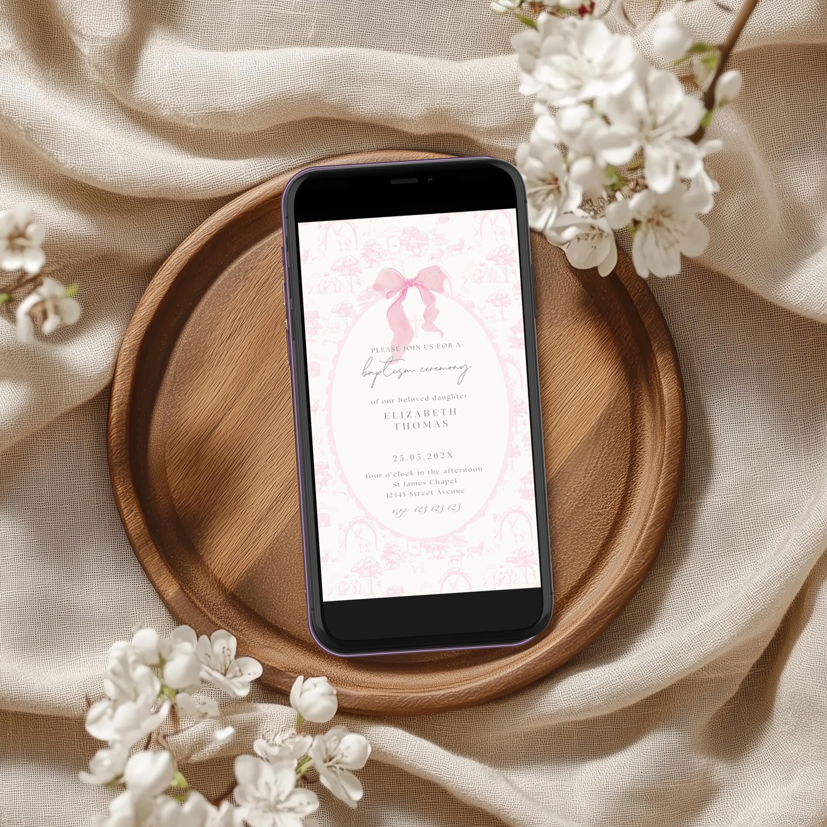 Toile De Jouy Invitation Baptism, Pink Toile De Jouy Baptism Invite ...