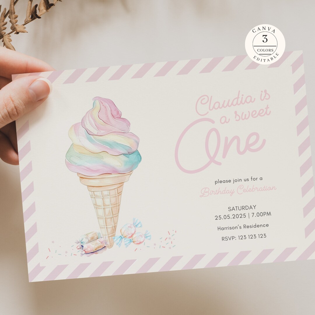 Sweet One Invitation Ice Cream, Sweet One Birthday Invitation Girl, Ice ...