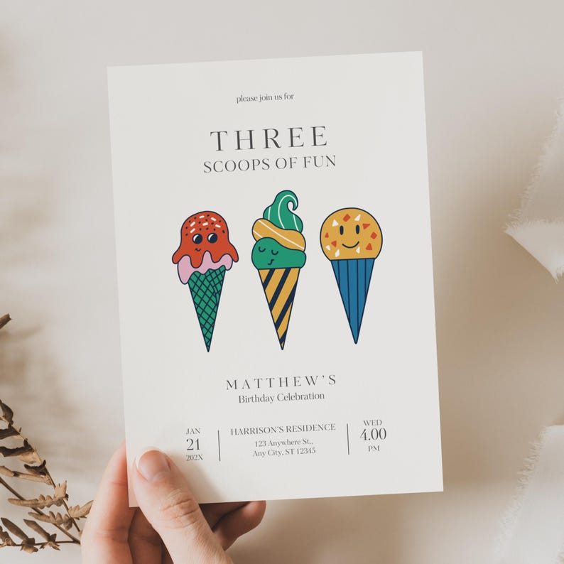 Three Scoops of Fun Birthday Invitation, Ice Cream Birthday Invite, 3rd ...