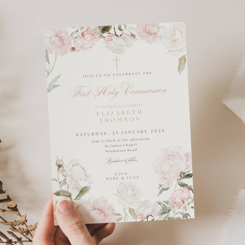Pink First Holy Communion Invitation Template, Pink Floral First Holy ...