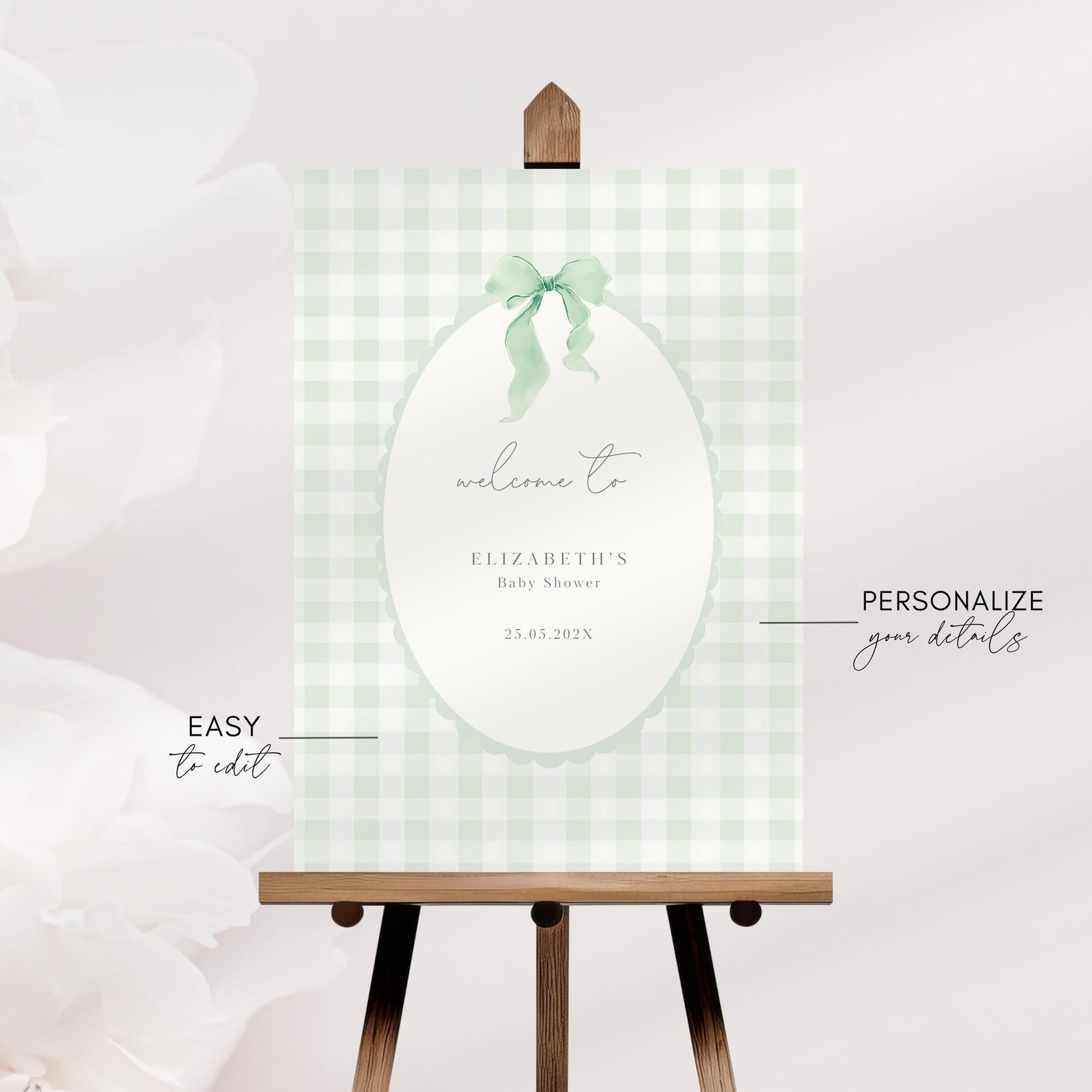 Green Plaid Welcome Sign Baby Shower, Classic Sage Green Gingham Boy ...