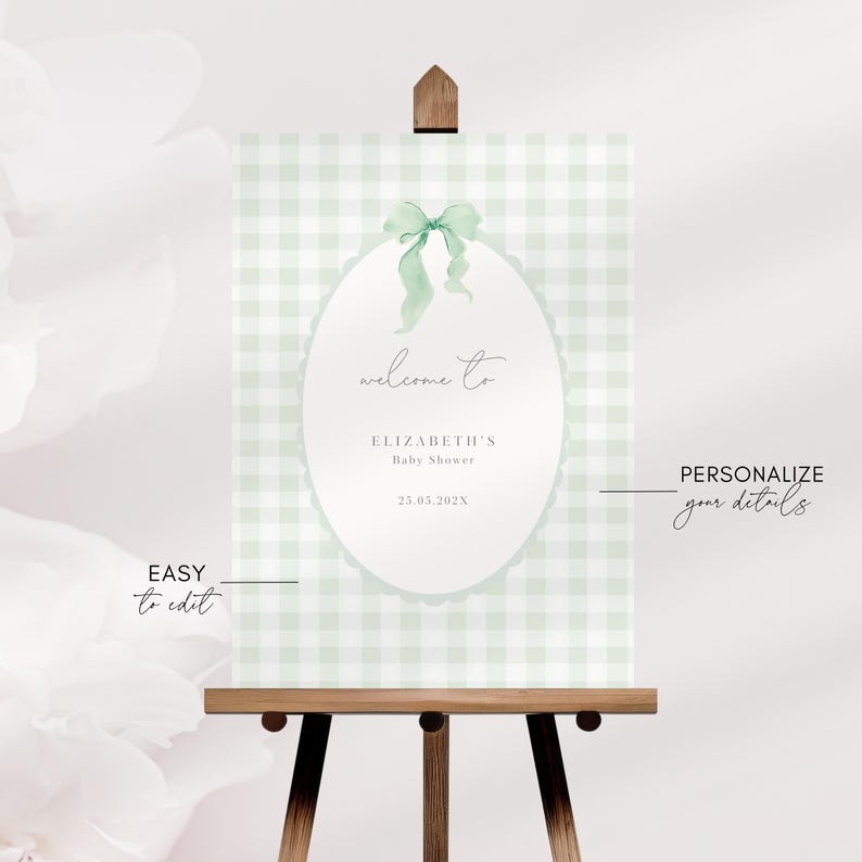 Green Plaid Welcome Sign Baby Shower, Classic Sage Green Gingham Boy ...
