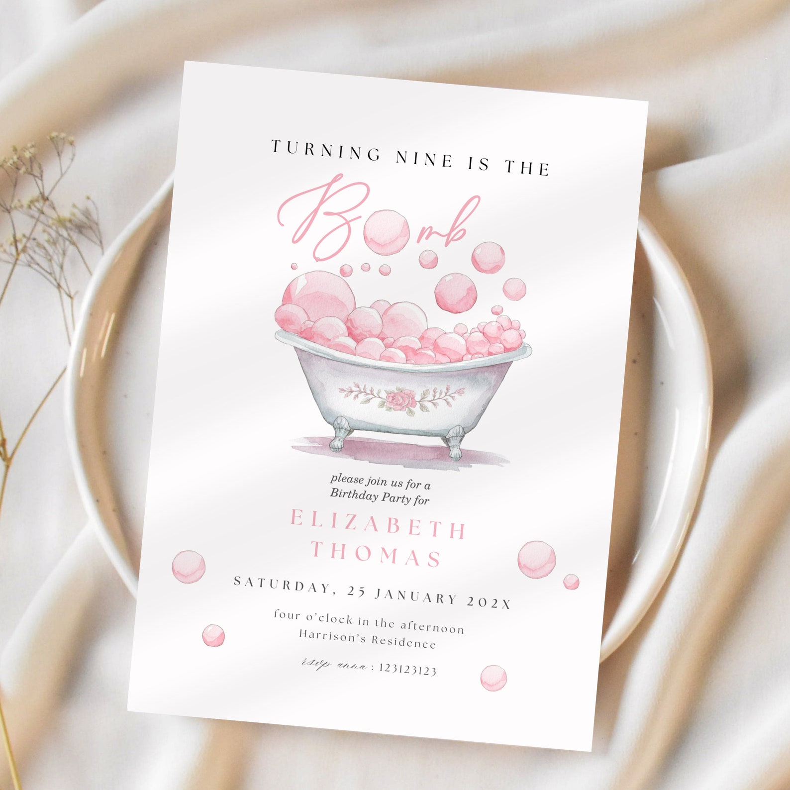 Bath Bomb Birthday Invitation, Bath Bomb Invitation Pink, Bath Bomb ...