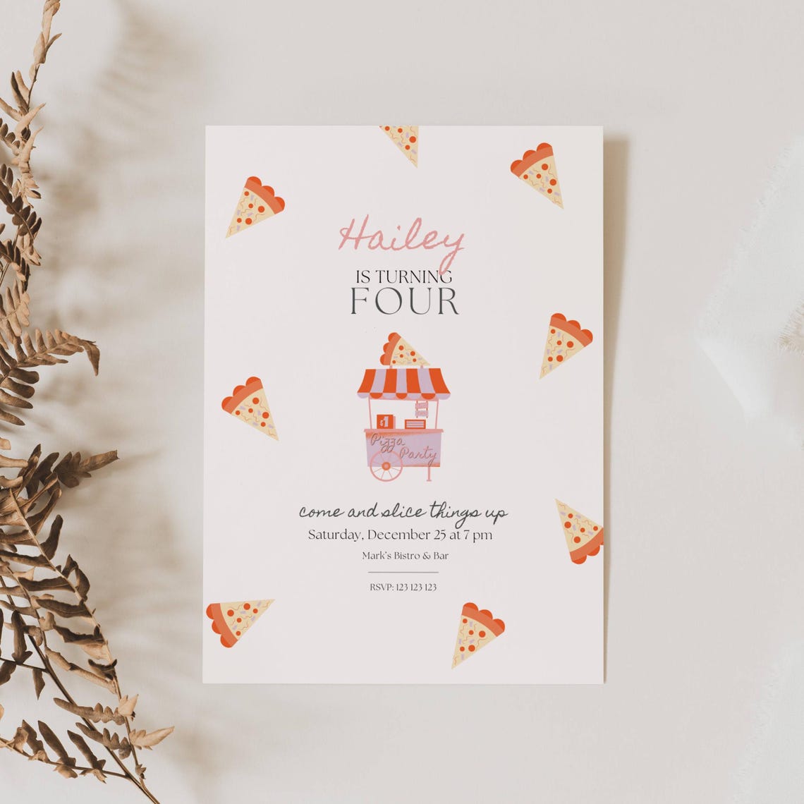 Kids Pizza Party Invite, Pizza Party Girl Invite, Pizza Making Birthday ...