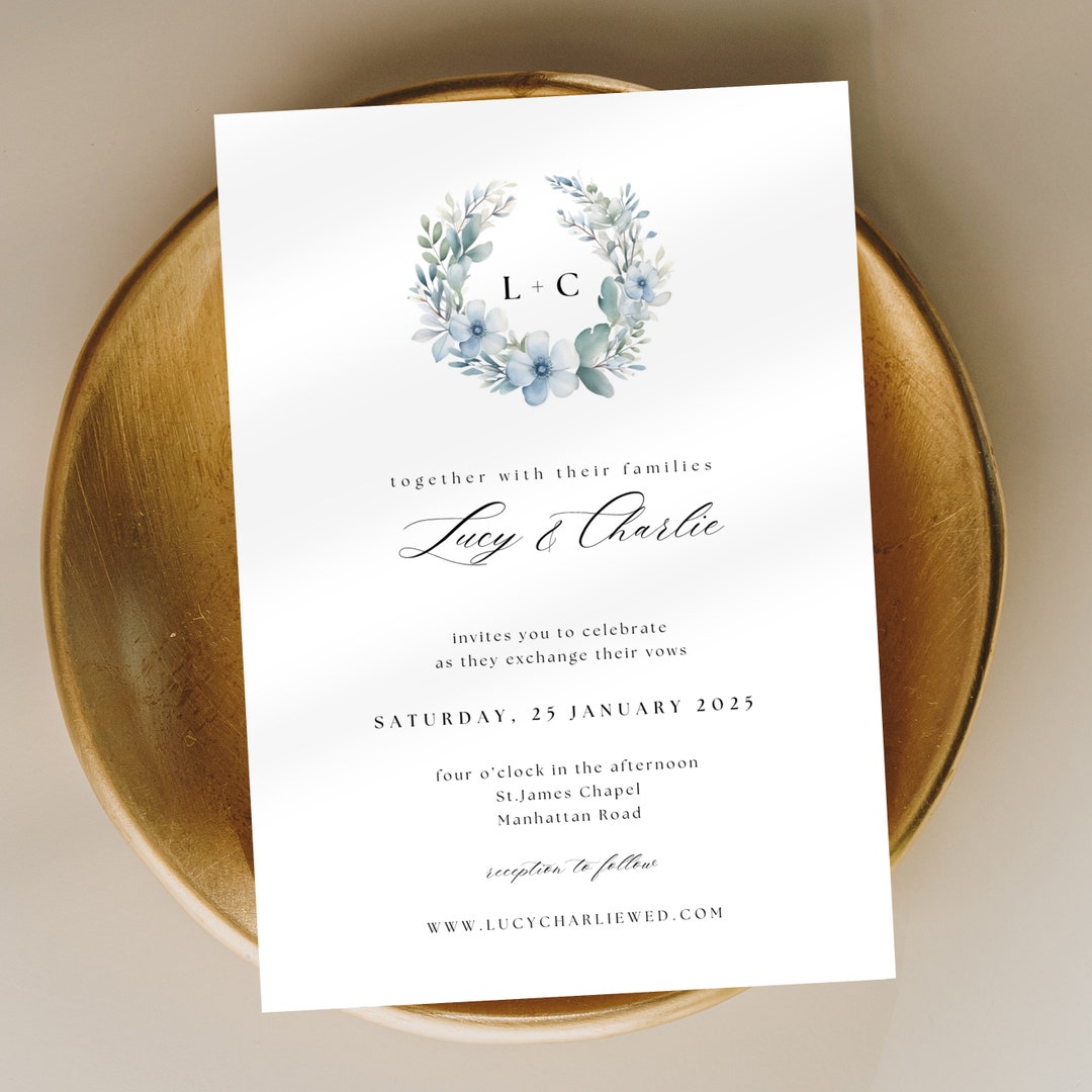 Floral Monogram Wedding Invitation Template, Floral Wreath, Modern ...