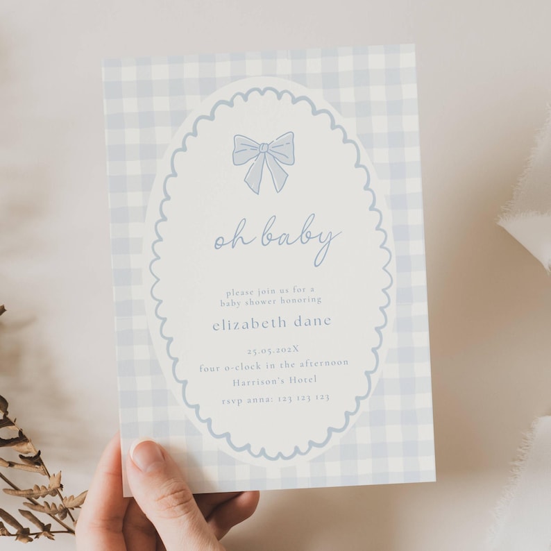 Blue Bow Gingham Baby Shower Invitation: Dusty Blue (editable Template ...