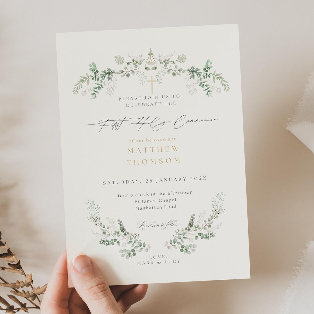 Greenery First Holy Communion Invitation, Green & Gold Communion Invitation, First Holy ...