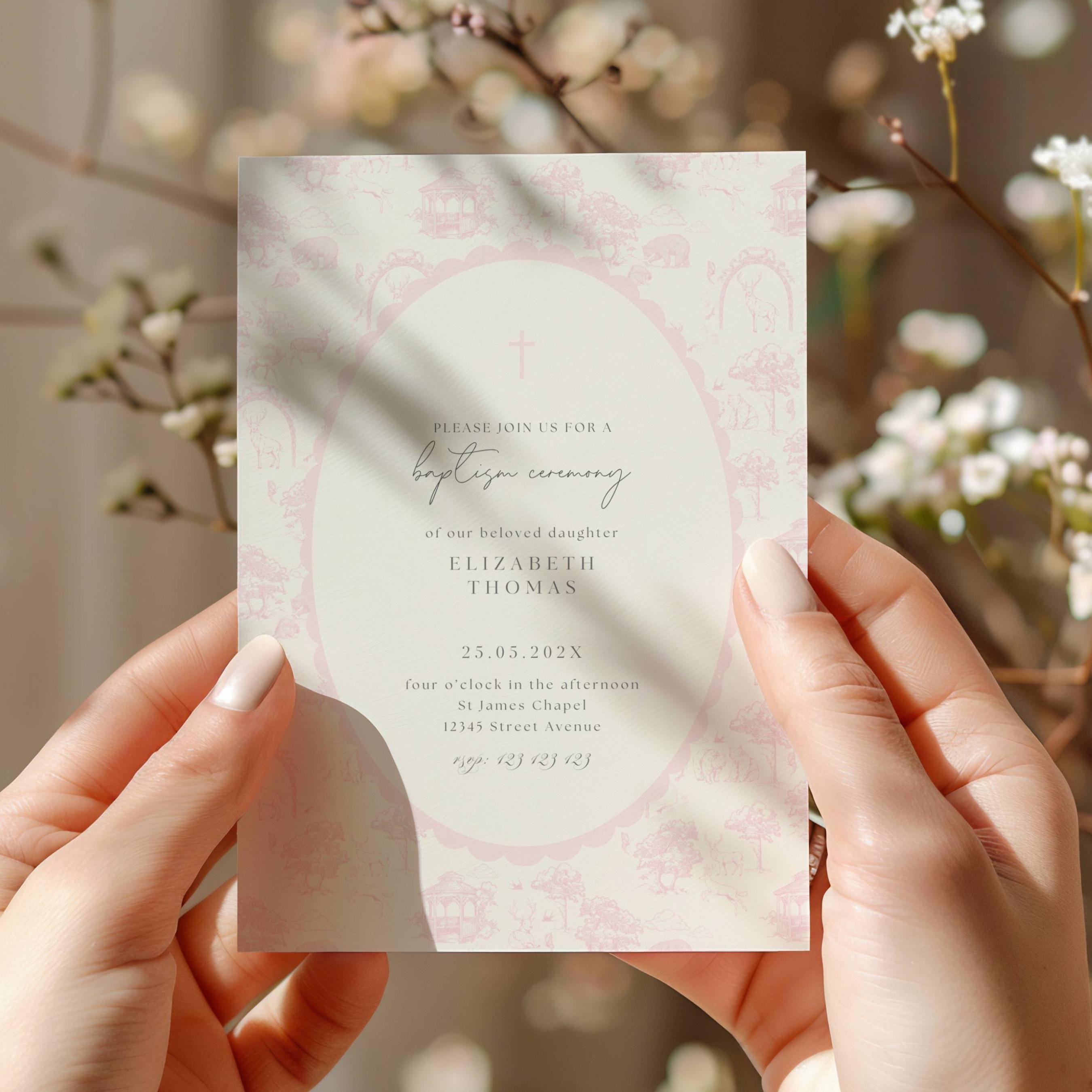Toile De Jouy Invitation Baptism, Pink Toile De Jouy Baptism Invite ...
