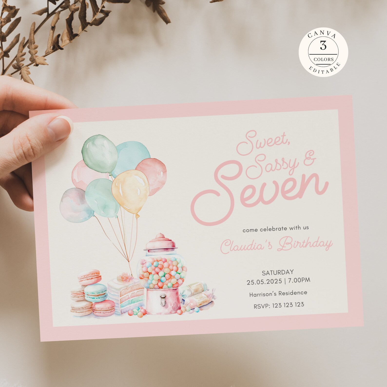 Sweet Sassy Seven Birthday Invite, Editable Invite, Girls 7th Birthday ...
