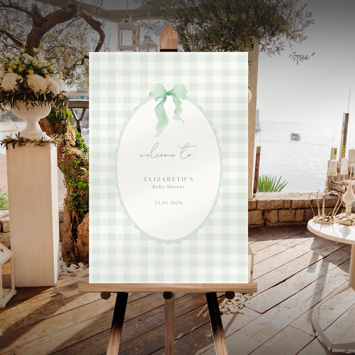 Green Plaid Welcome Sign Baby Shower, Classic Sage Green Gingham Boy ...
