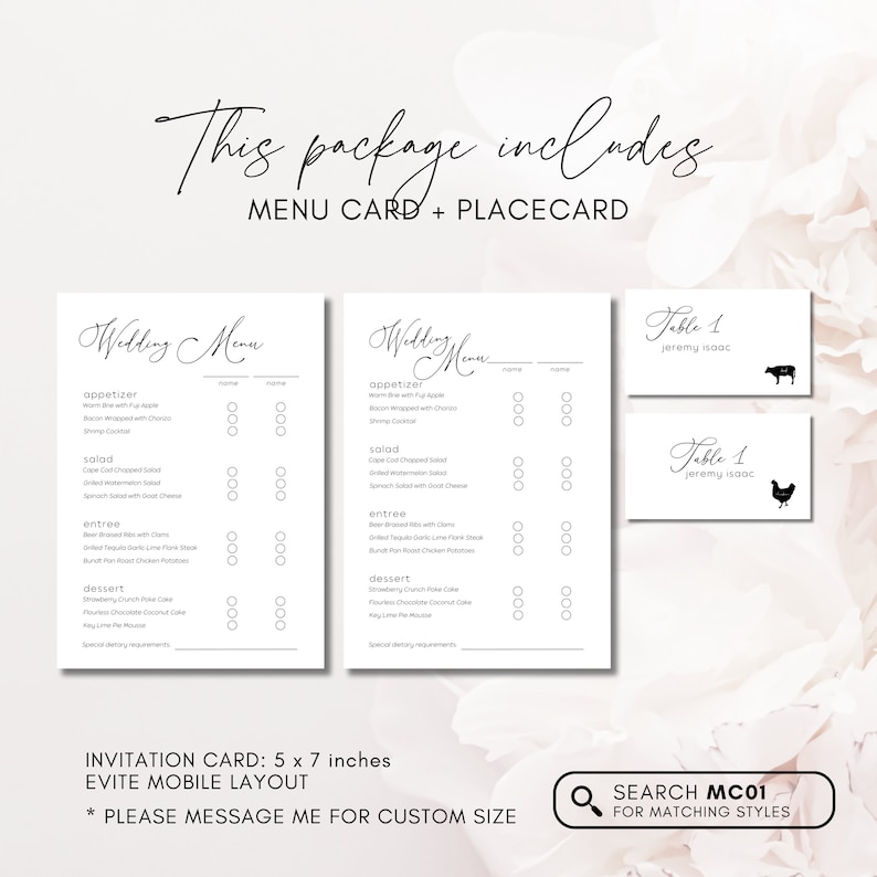 Meal Options Wedding Invitations Instant Download Menu Choice Card Meal ...