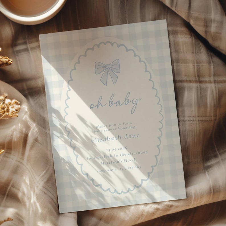 Blue Bow Gingham Baby Shower Invitation: Dusty Blue (editable Template ...