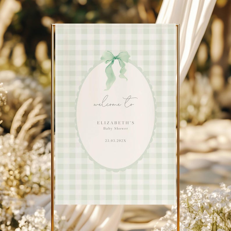 Green Plaid Welcome Sign Baby Shower, Classic Sage Green Gingham Boy ...