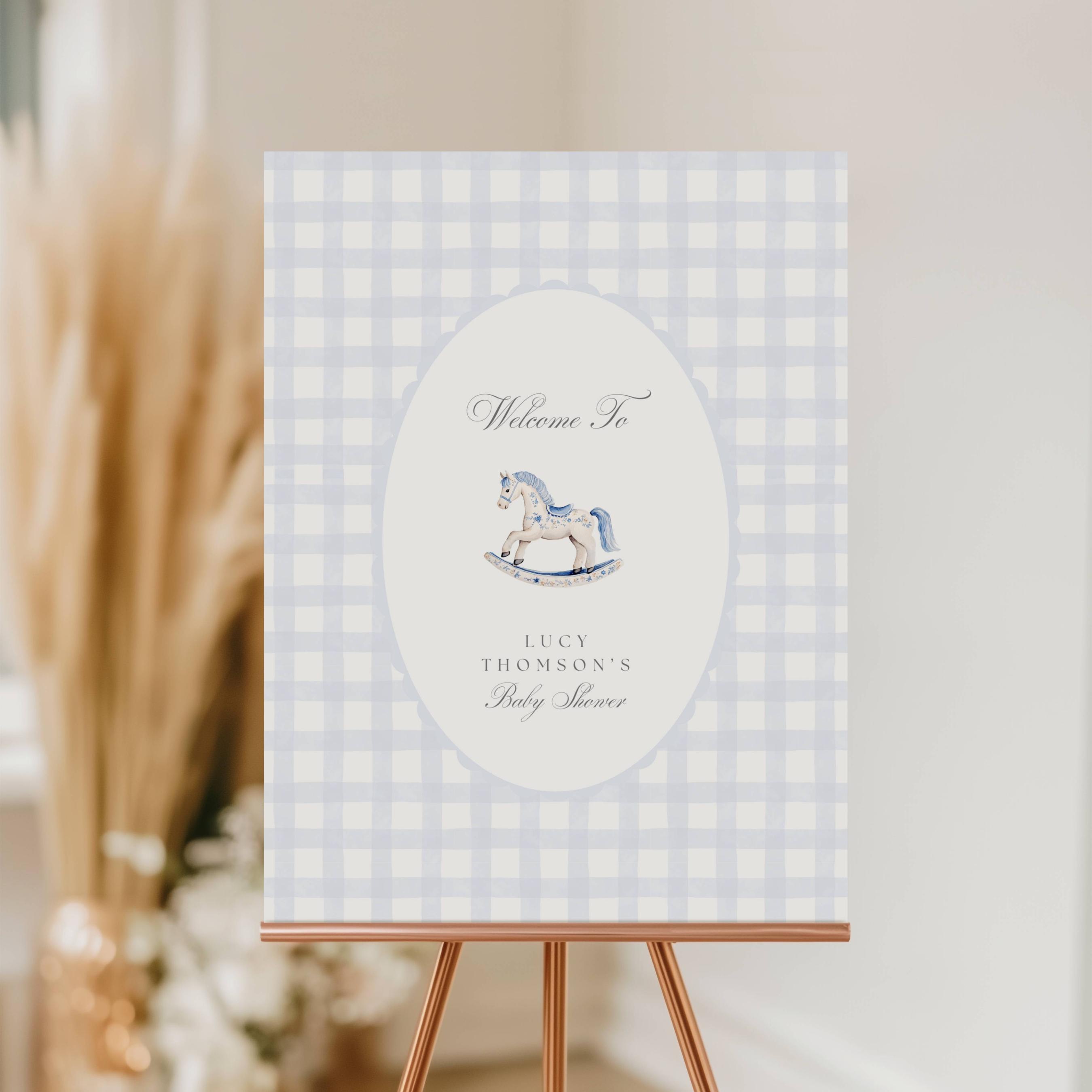 Rocking Horse Baby Shower Welcome Sign: Classic Blue Rocking Horse ...