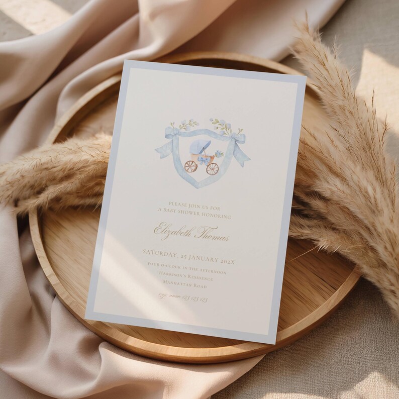 Blue Carriage Crest Baby Shower Invitation: Blue Stroller (editable ...