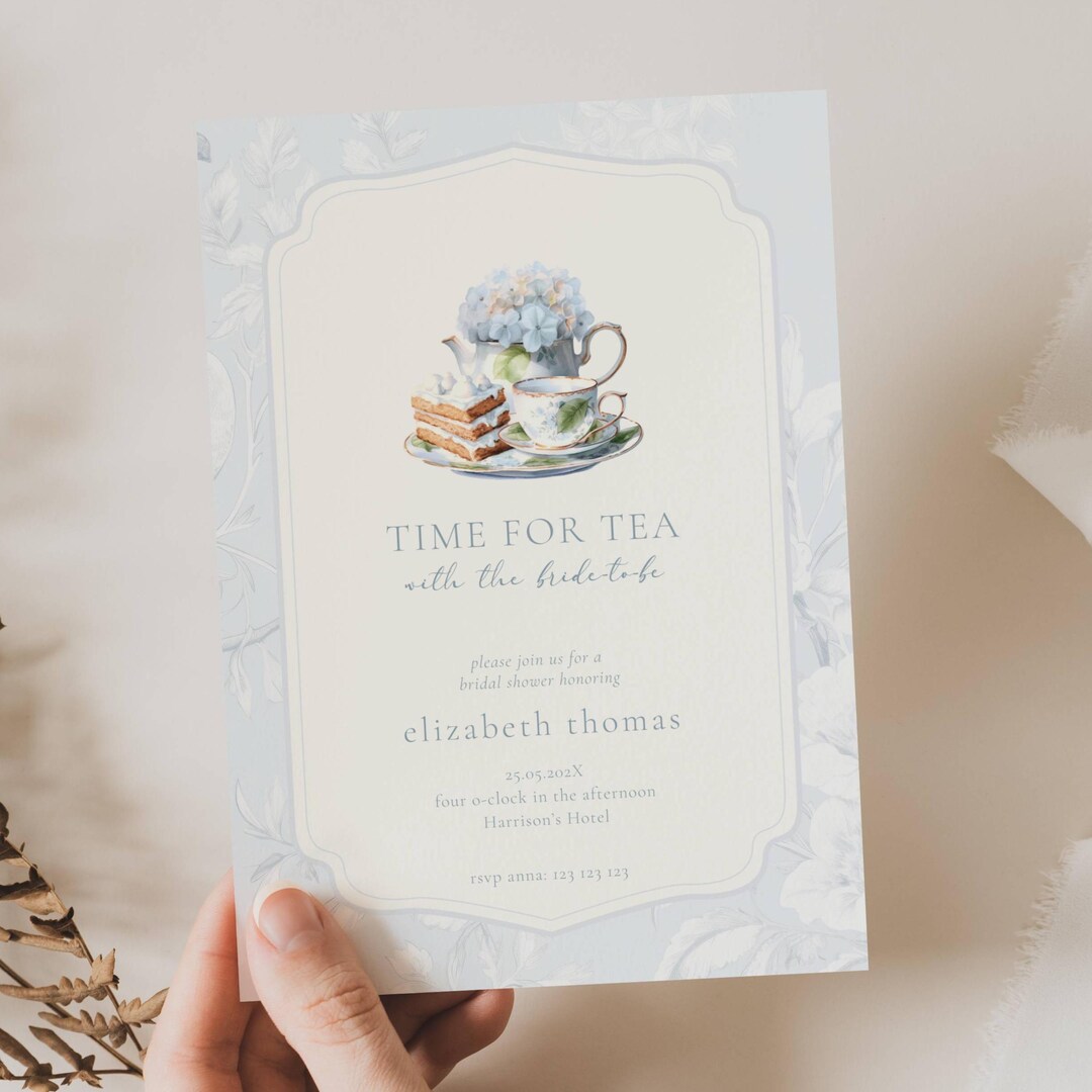 Bridal Tea Invitation Hydrangea, Bridal Shower Invites Blue Tea Party ...
