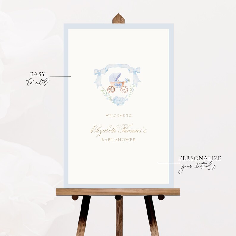 Blue Carriage Crest Baby Shower Welcome Sign: Blue Stroller (editable ...
