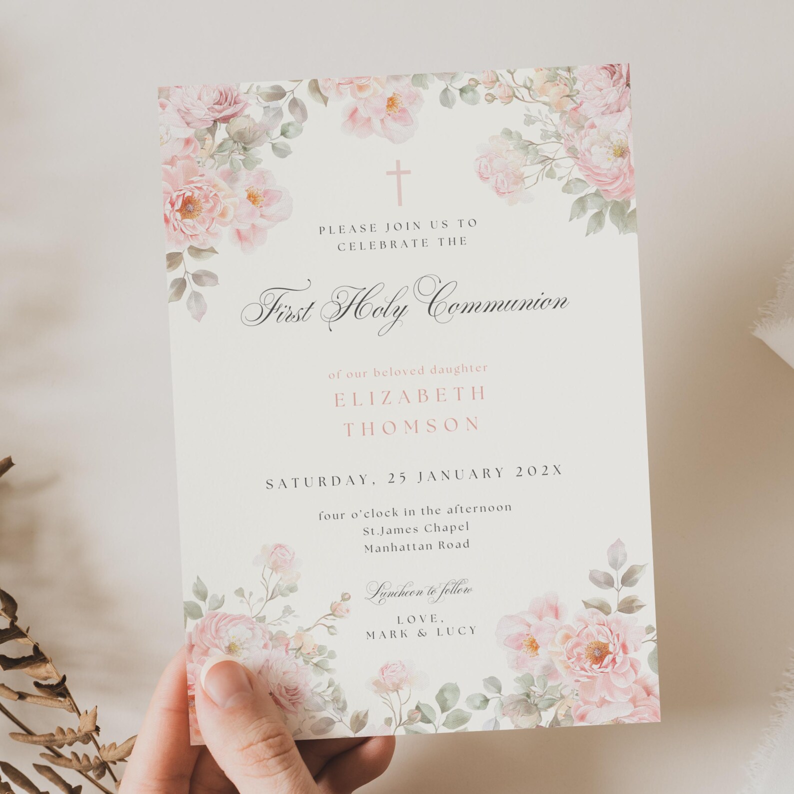 Pink First Holy Communion Invitation Template, Pink Floral First Holy ...