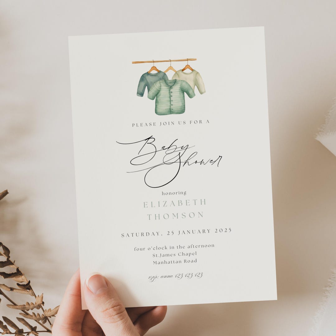 Baby Boy Shower Invitation Clothes Line, Boy Greenery Baby Shower ...