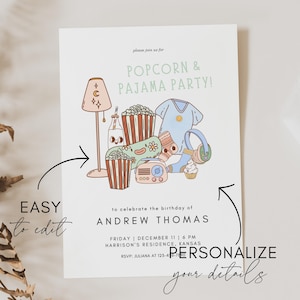 Popcorn and Pajamas Invitation, Popcorn and Pajamas Party, Sleepover ...