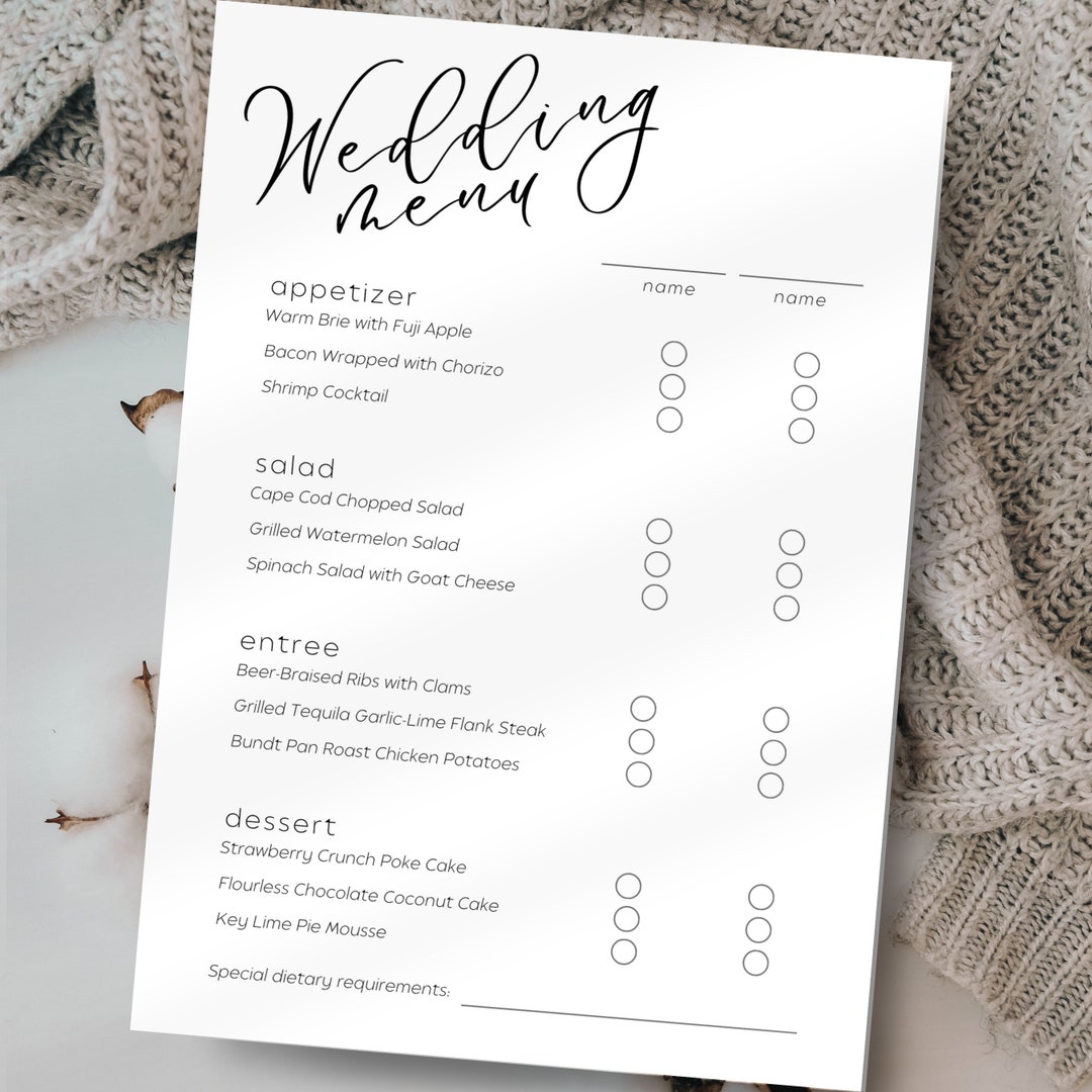Meal Options Wedding Invitations Instant Download Menu Choice Card Meal ...