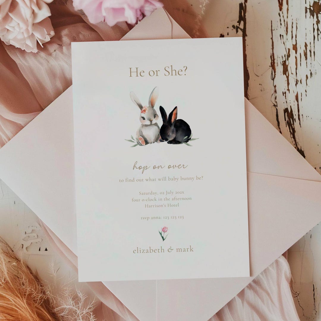 Bunny Gender Reveal Party Invitation: Boho Rabbits (editable Template ...