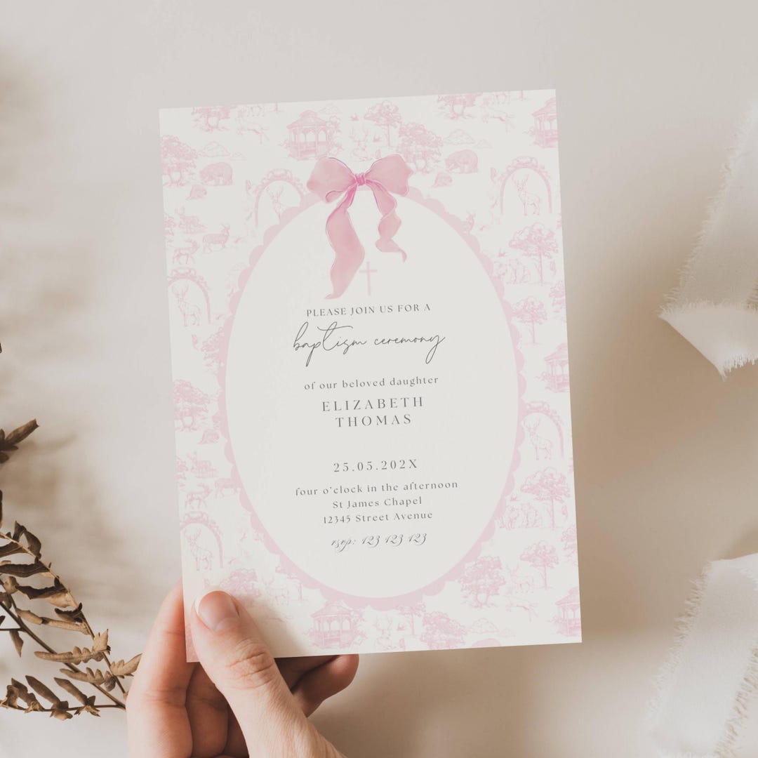 Toile De Jouy Invitation Baptism, Pink Toile De Jouy Baptism Invite ...
