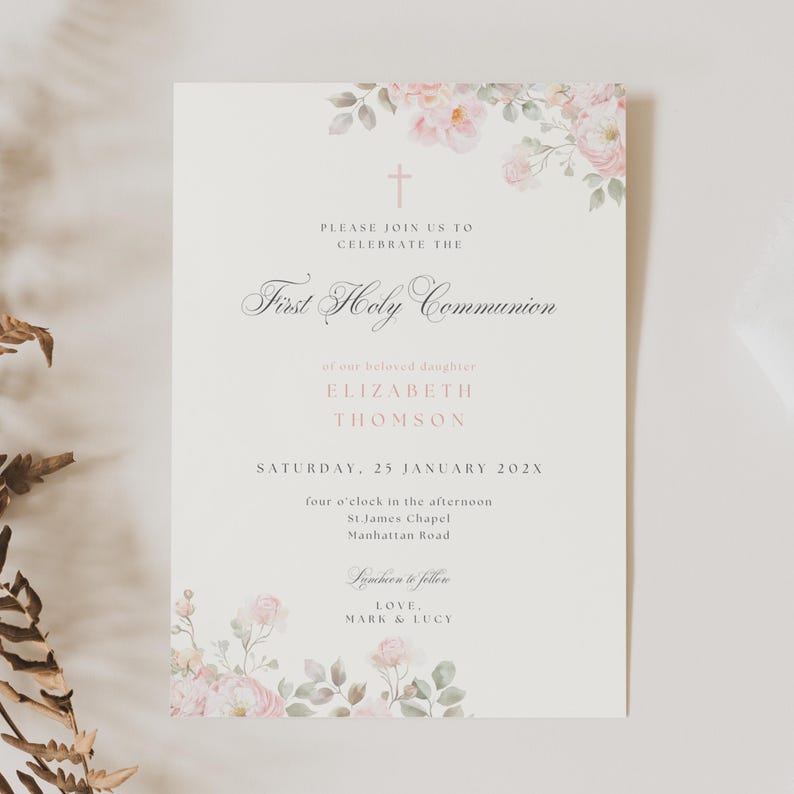 Pink First Holy Communion Invitation Template, Pink Floral First Holy ...