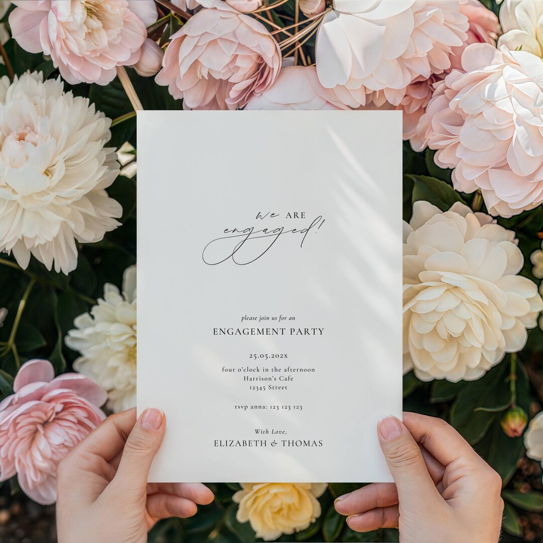 We Are Engaged Invitation: Modern Minimalist Engagement, Elegant, Bow ...