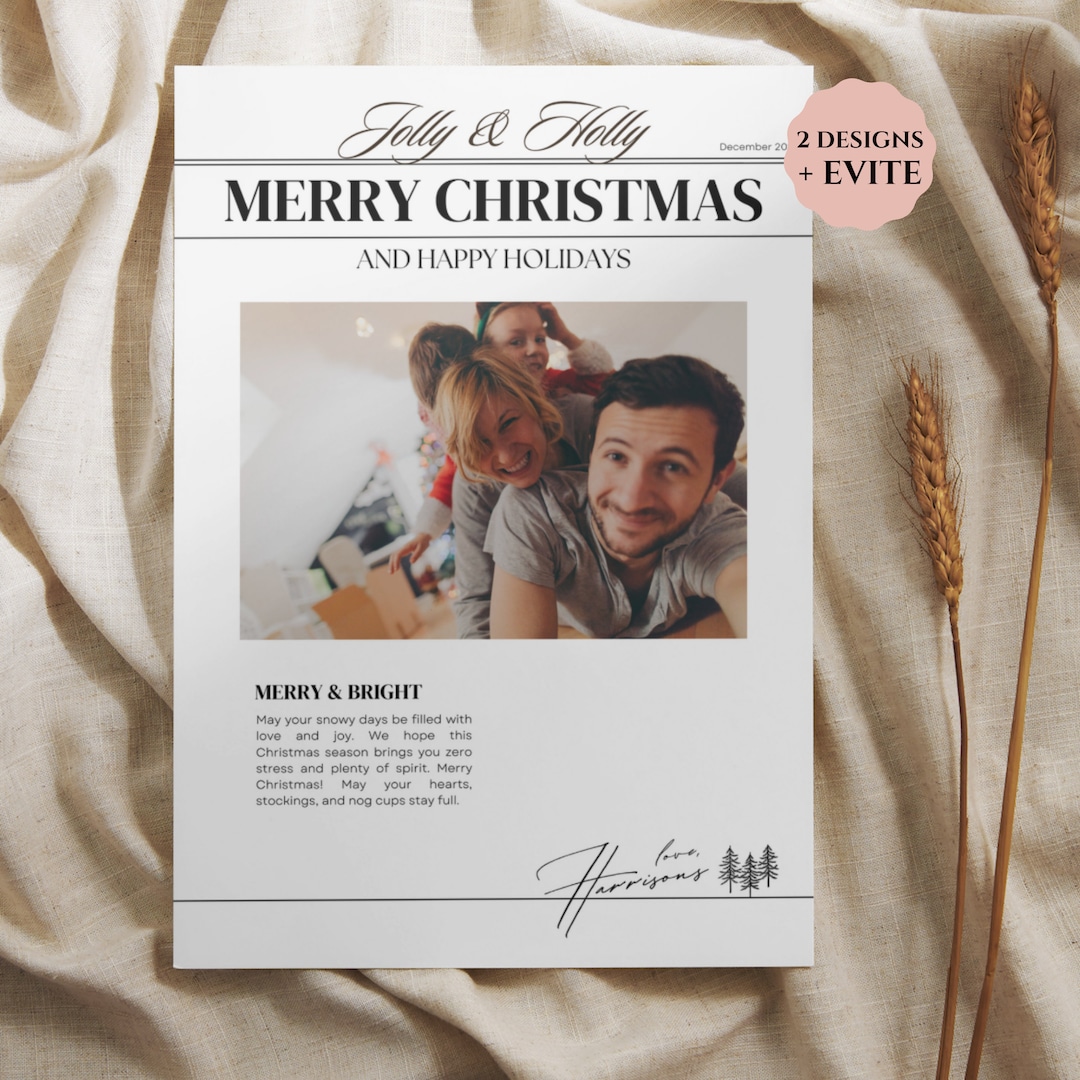 Newspaper Christmas Cards With Photo, Canva Template, Family Year in ...