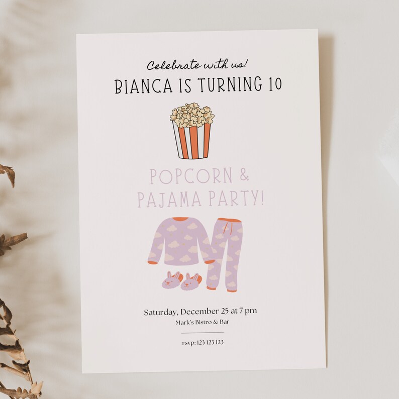 Popcorn and Pajamas Birthday Invitation, PJ Party, Pajamas Party ...