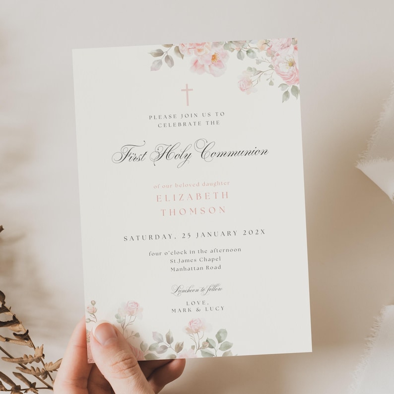 Pink First Holy Communion Invitation Template, Pink Floral First Holy ...