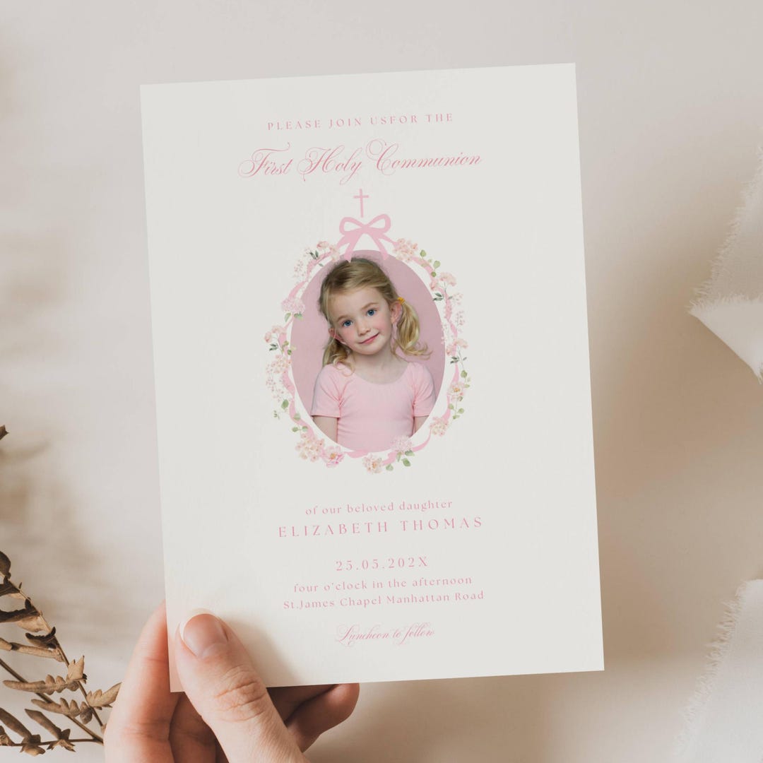 Pink Floral First Holy Communion Invitation With Picture: Pink Floral ...