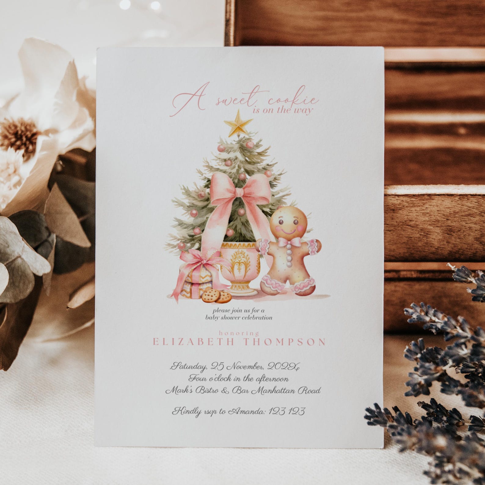 Pink Gingerbread Baby Shower Invite, Christmas Cookie Baby Shower ...