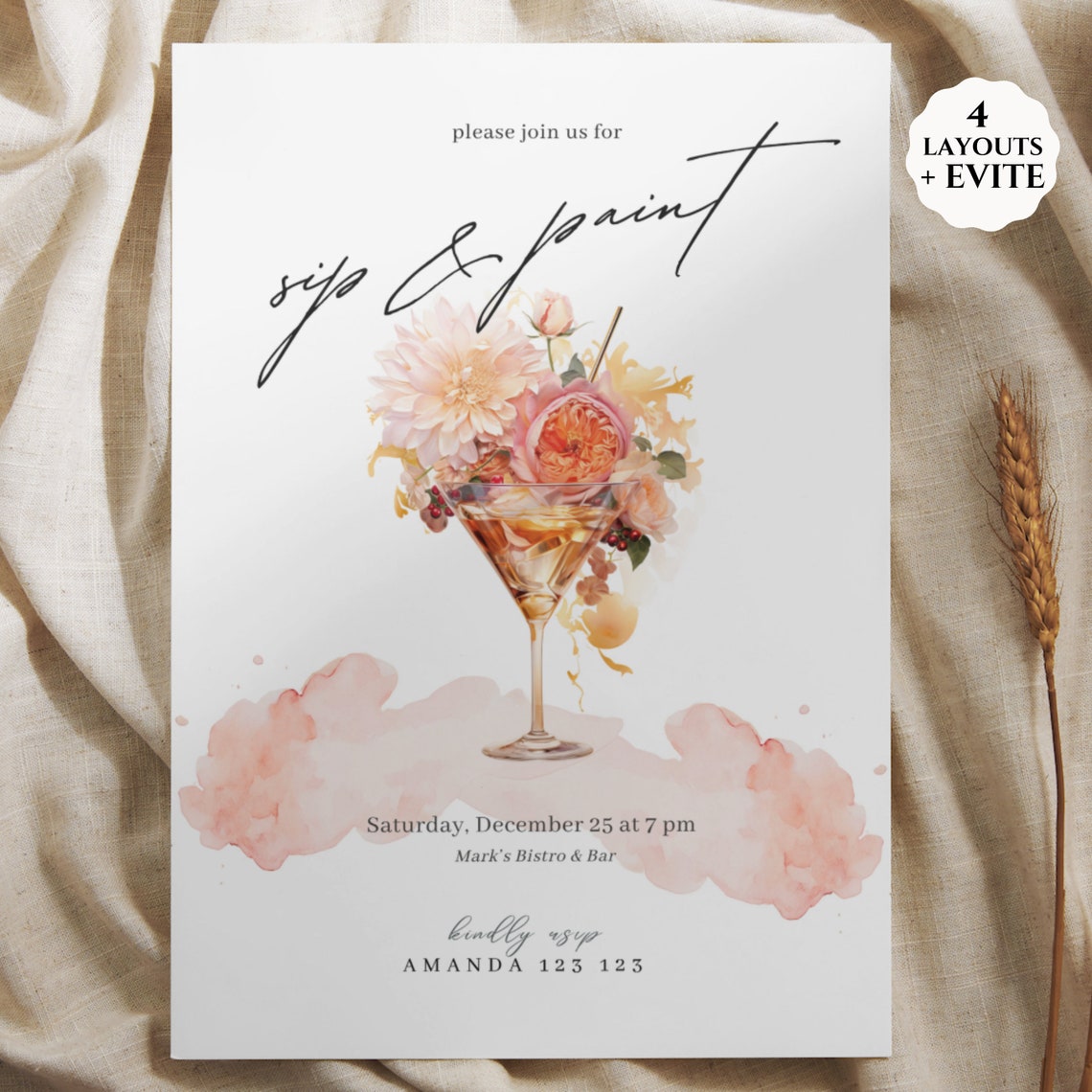 Paint and Pour Invitations Adult Painting Party Invite Wine Tasting ...