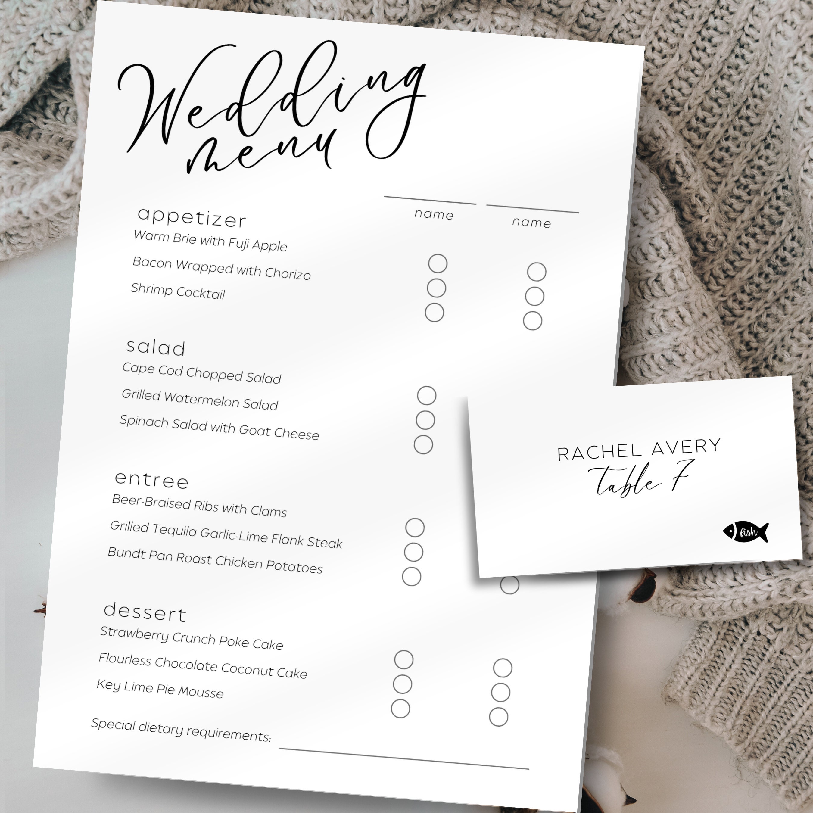 Meal Options Wedding Invitations Instant Download Menu Choice Card Meal ...