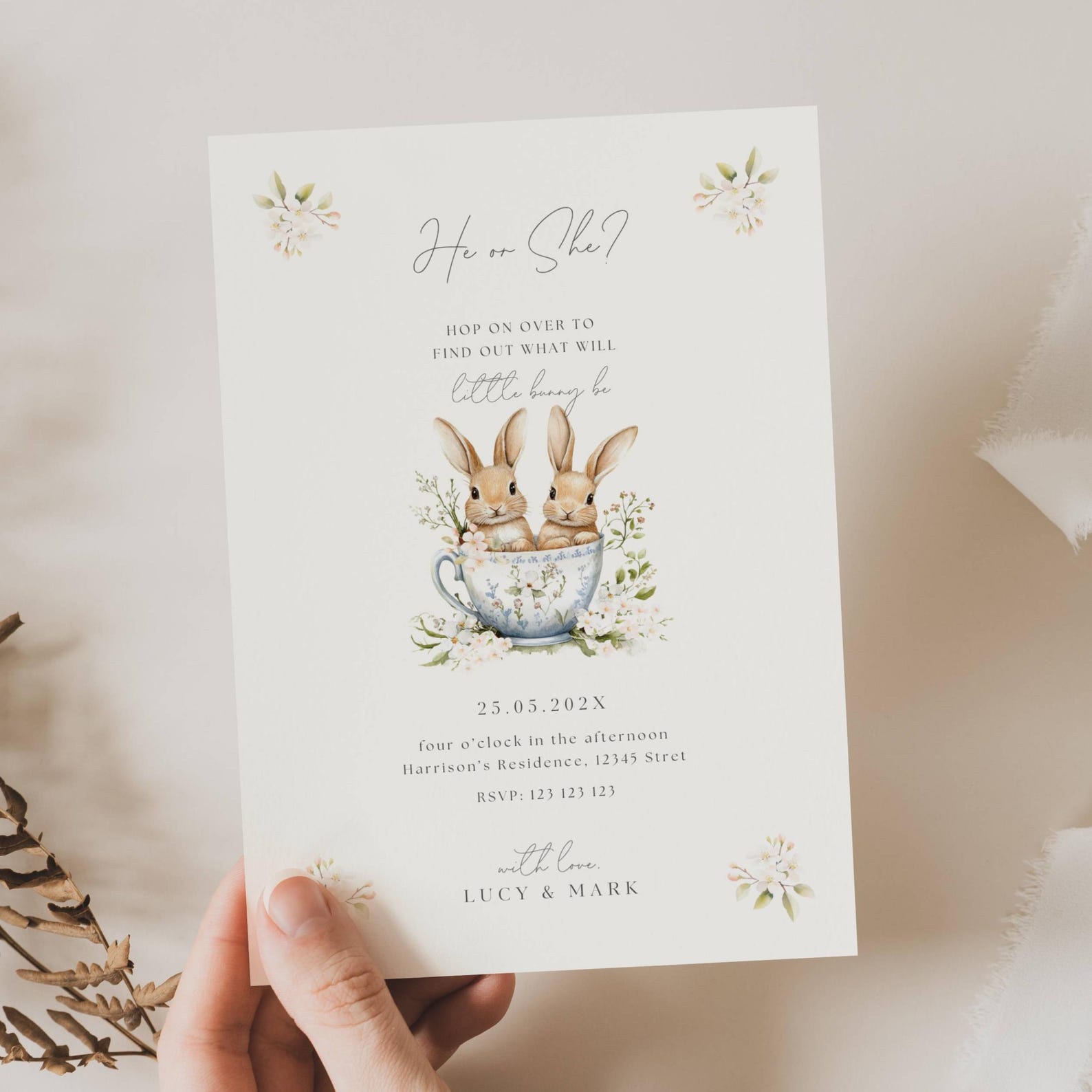 Baby Bunnies Gender Reveal Party Invitation, Boho Rabbits Gender Reveal ...