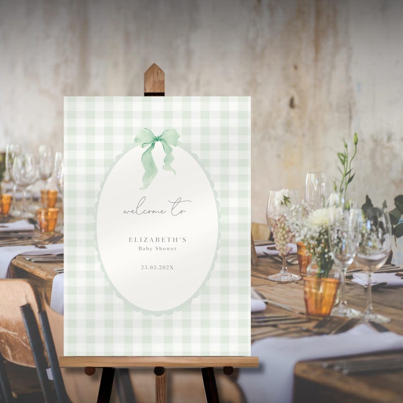 Green Plaid Welcome Sign Baby Shower, Classic Sage Green Gingham Boy ...