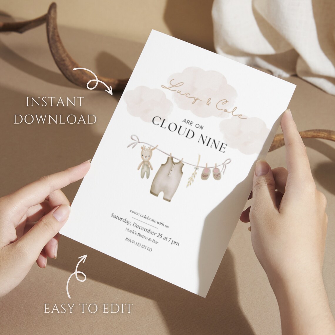 On Cloud 9 Baby Shower Invitation, We're on Cloud Nine, Boho Baby ...