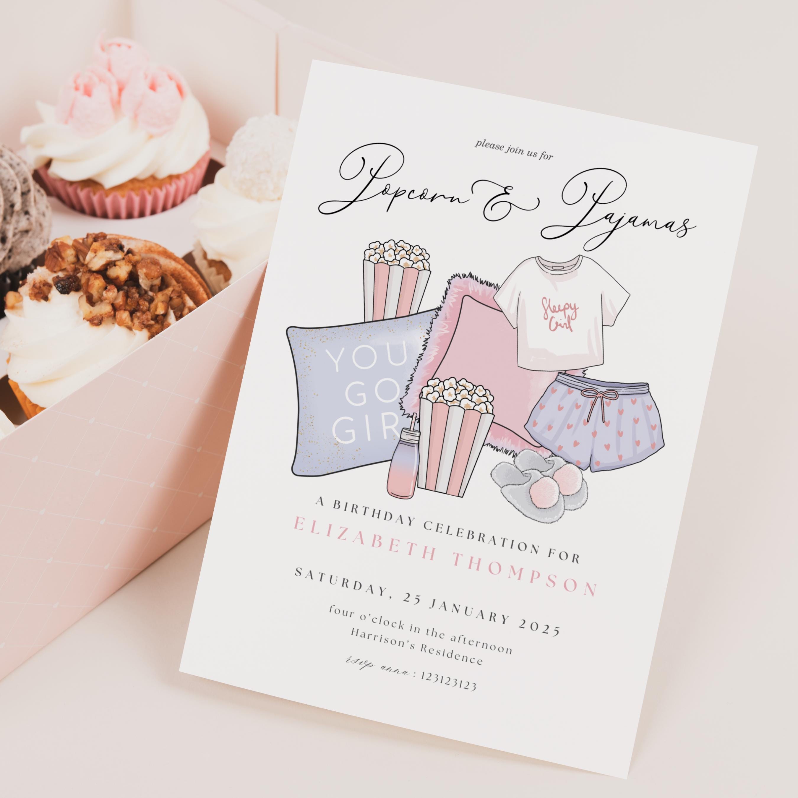 Popcorn and Pajamas Invitation, Popcorn and Pajamas Party, Sleepover ...