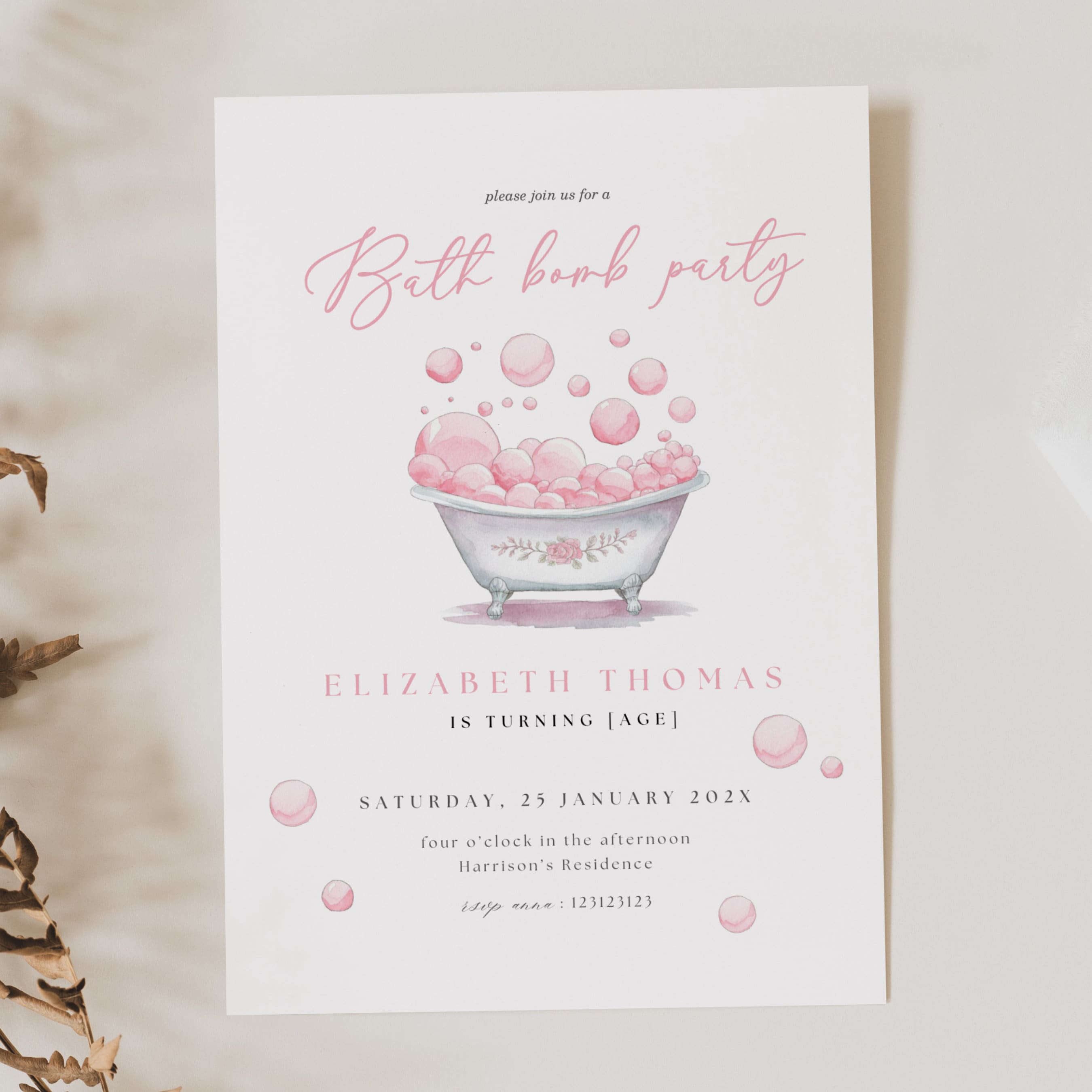 Bath Bomb Birthday Invitation, Bath Bomb Invitation Pink, Bath Bomb ...