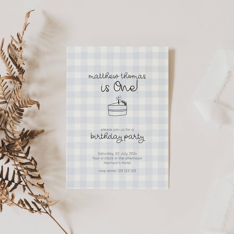 Blue Gingham Birthday Invitation, Boy, Minimalist, Cake, Candle ...